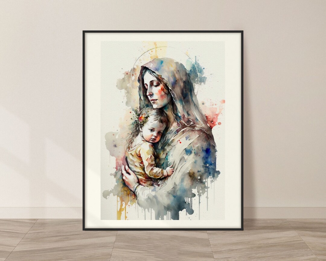 Mary Holding Jesus Watercolor Art Print, Jesus Painting Wall Art Decor ...