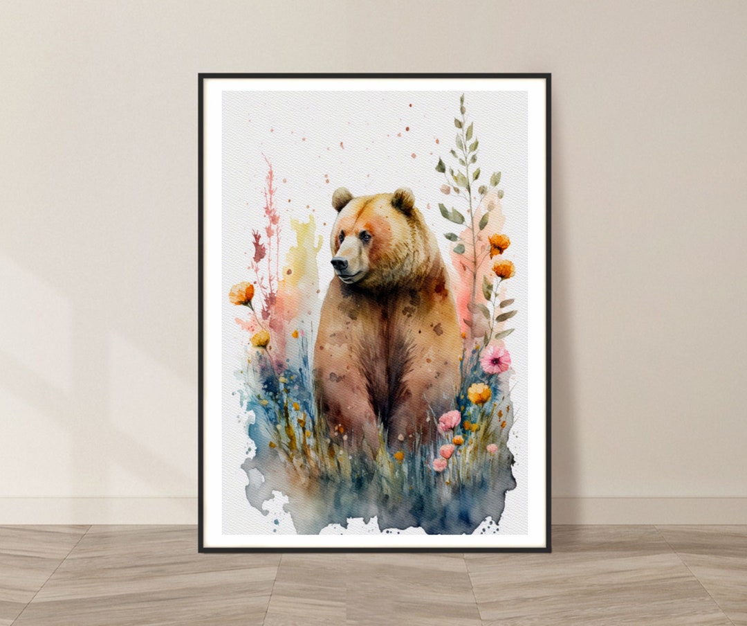 Bear Watercolor Art Print, Bear and Nature Painting Wall Art Decor ...