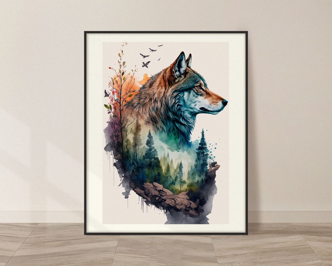 Wolf and Nature Watercolor Art Print, Wolf and Nature Painting Wall Art ...
