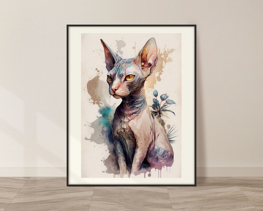 Cat Sphynx Watercolor Art Print, Cat Sphynx Painting Wall Art Decor ...