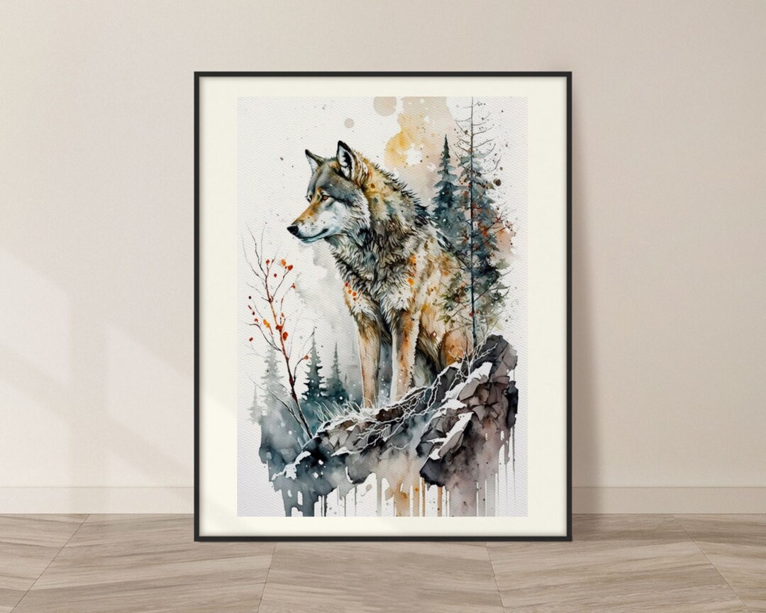 Wolf and Nature Watercolor Art Print, Wolf and Nature Painting Wall Art ...