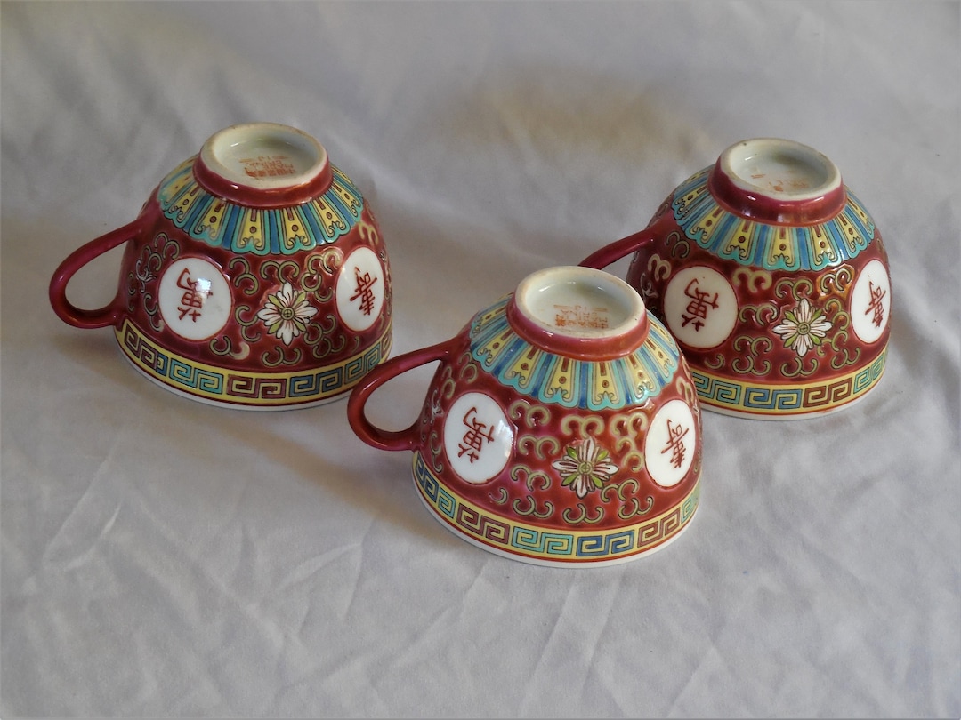 Set of 3 Hand Painted Chinese Red Porcelain Tea Cups - Etsy