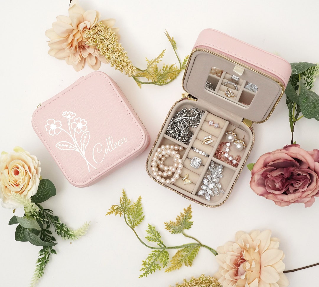 Birth Month Flower Jewelry Case, Personalized Birth Flower Travel Box ...