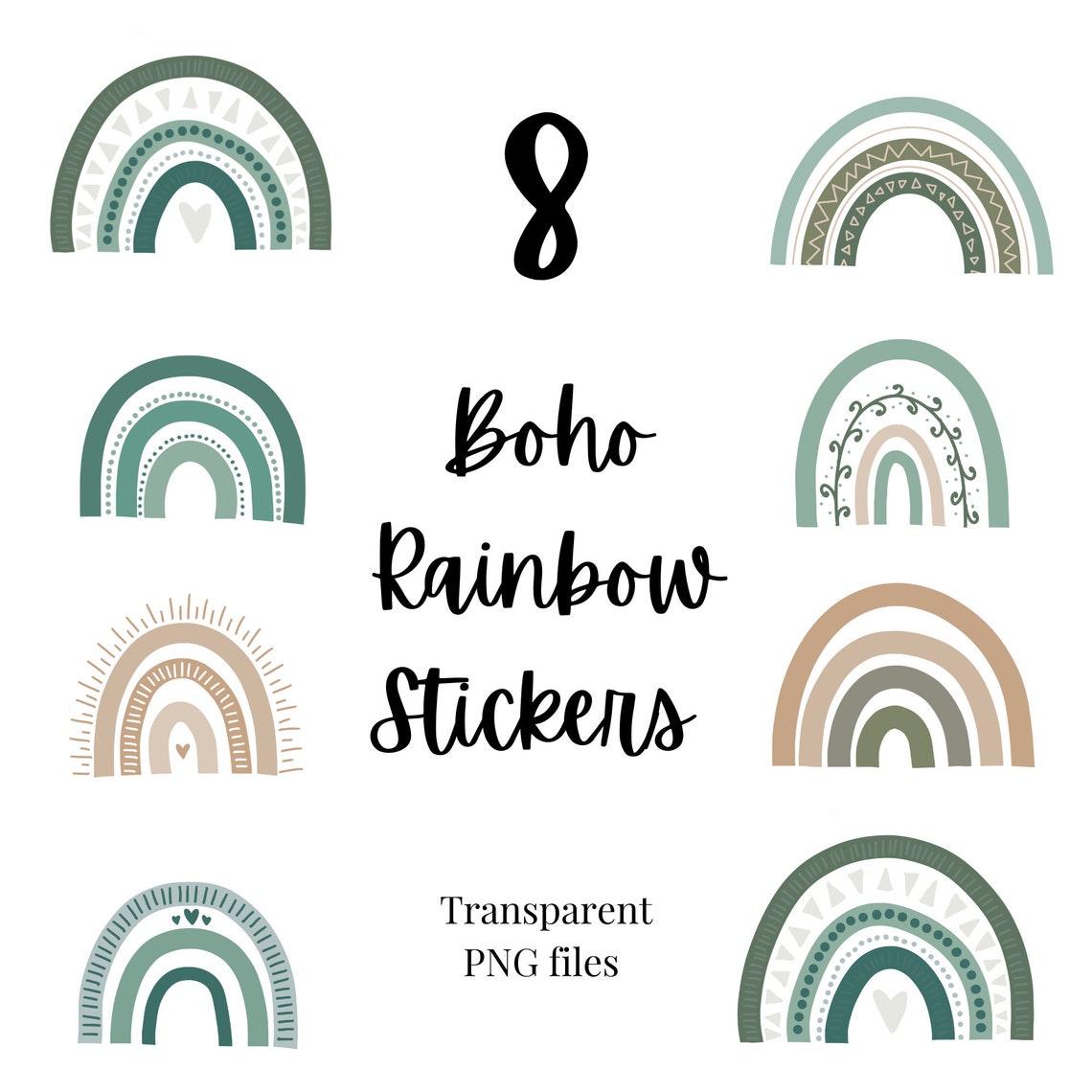Green Boho Rainbows, Boho Rainbow Stickers, Boho Rainbow Clipart, Baby ...