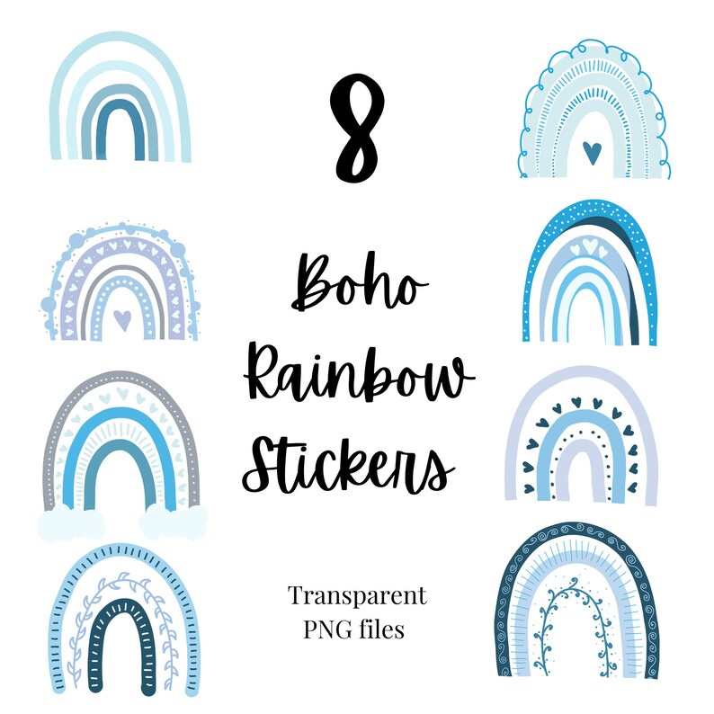 Blue Boho Rainbows 2, Boho Rainbow Stickers, Boho Rainbow Clipart, Baby ...