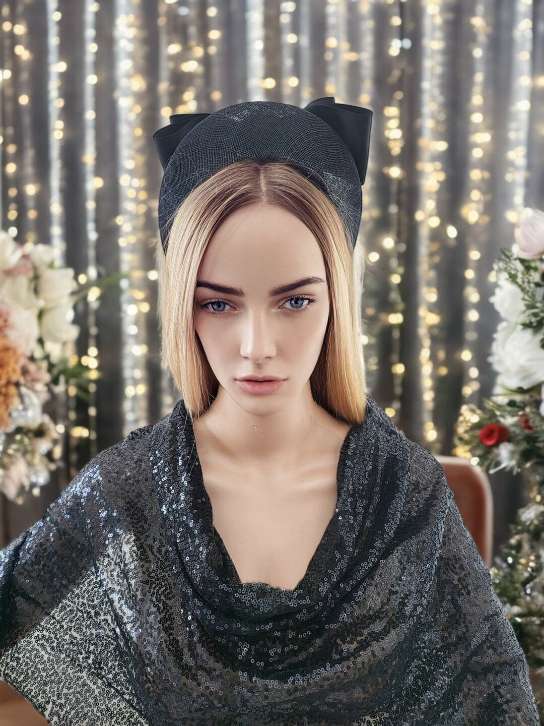 Black Satin Back Bow Headband Fascinator, on a Sinamay Halo Base, With ...