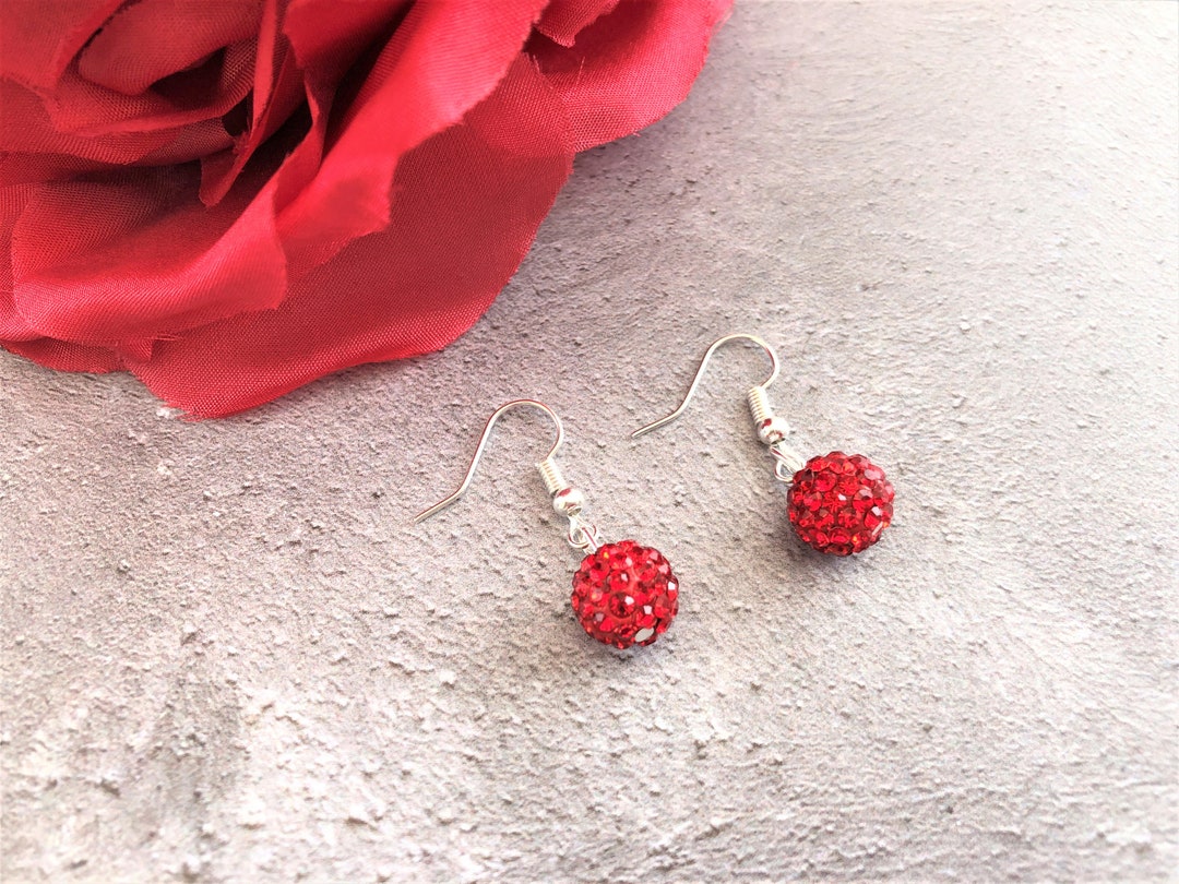 Red Crystal Disco Ball Dangle Earrings – Bead, Clip-on or Pierced, 3 Cm ...