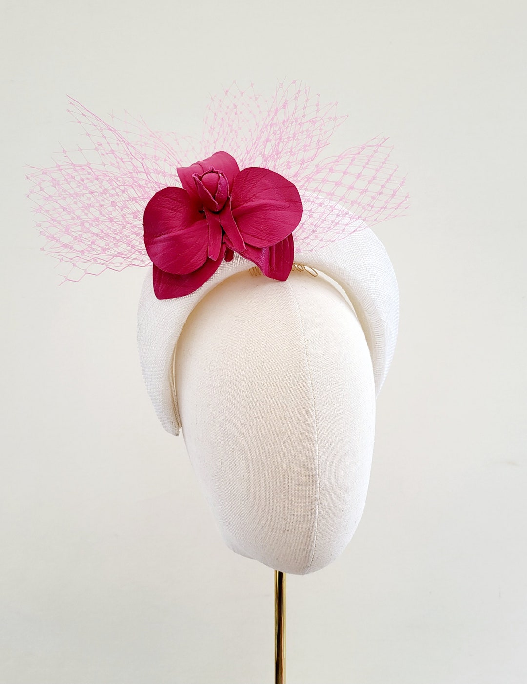 Pink Leather Orchid Fascinator on Ivory Headband With Veiling - Etsy