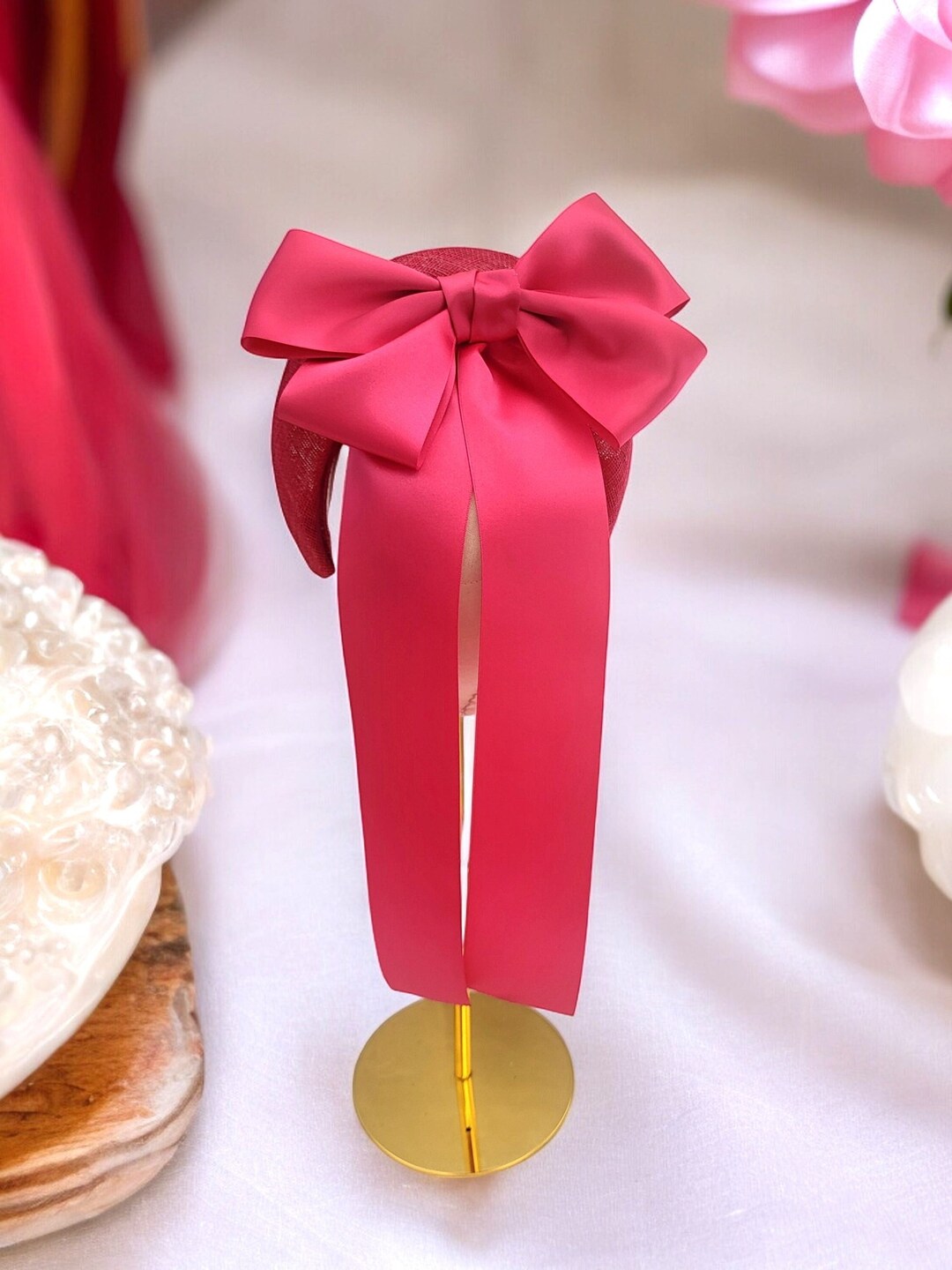 Bright Pink Satin Back Bow Headband Fascinator, on a Sinamay Halo Base ...