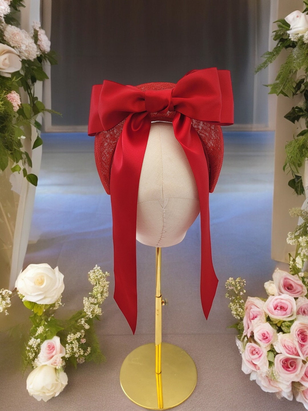 Red Satin Bow Headband Fascinator, on a Sinamay Halo Base, With Tails ...