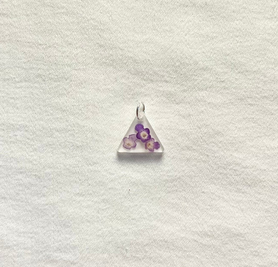 Small White Triangle Shaped Resin Pendant With Mini Pressed Purple ...