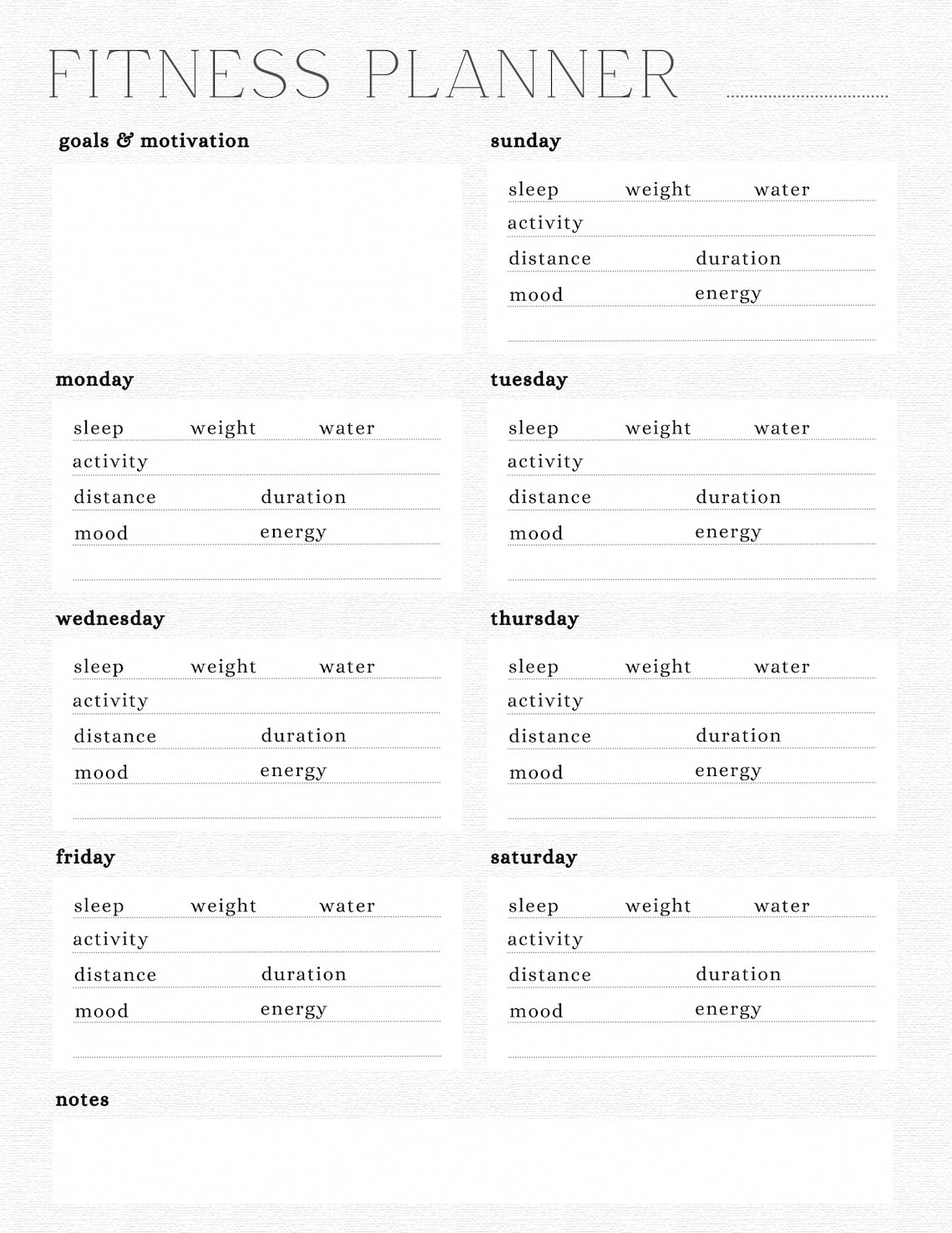 Weekly Fitness Planner Digital Download, Printable Exercise Workout ...