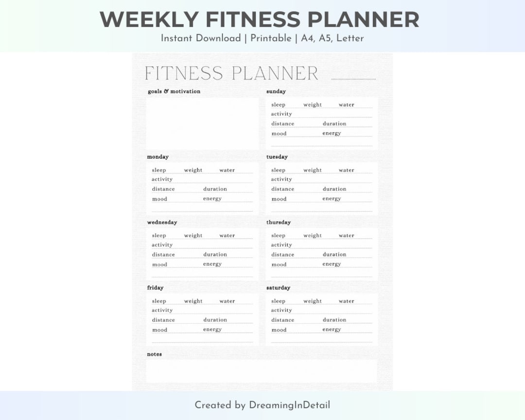 Weekly Fitness Planner Digital Download, Printable Exercise Workout ...