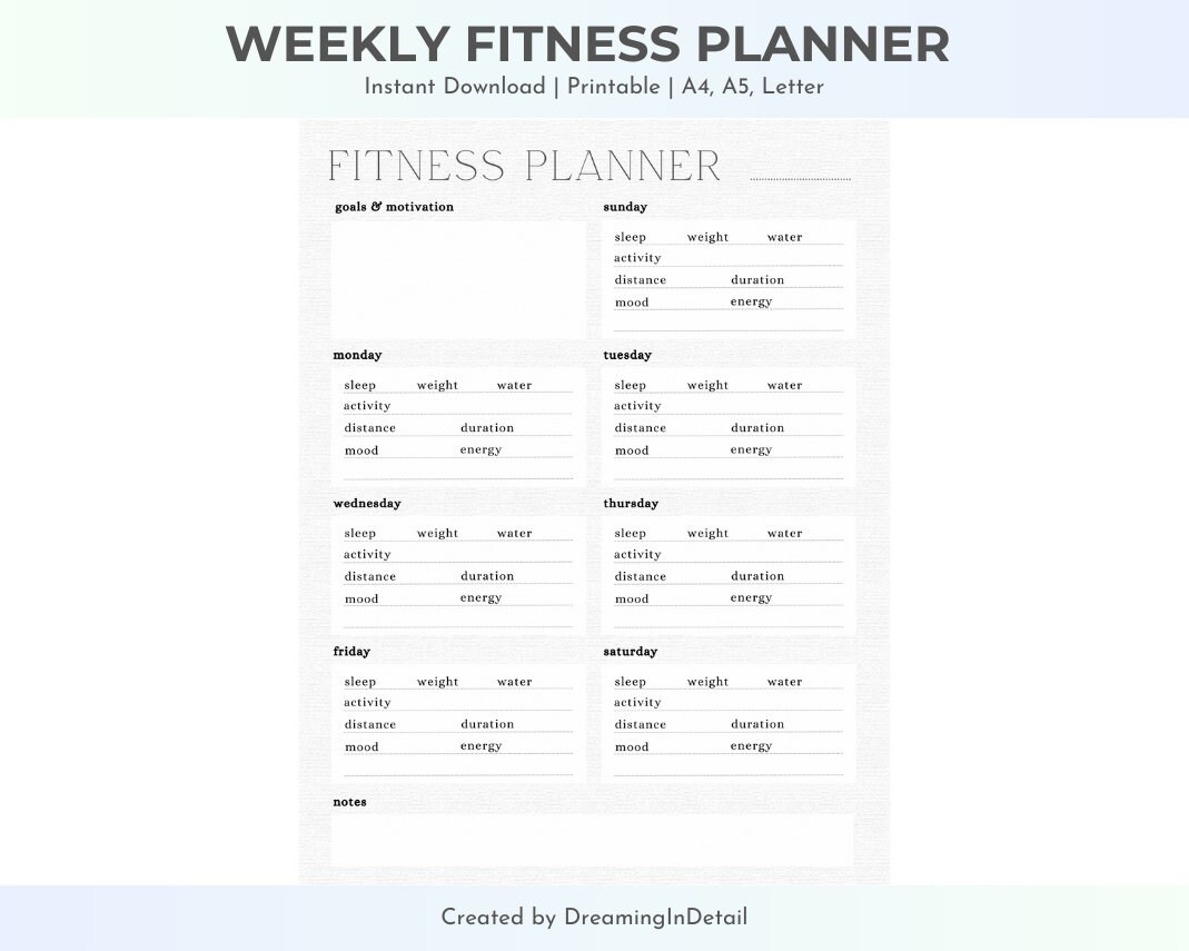 Weekly Fitness Planner Digital Download, Printable Exercise Workout ...