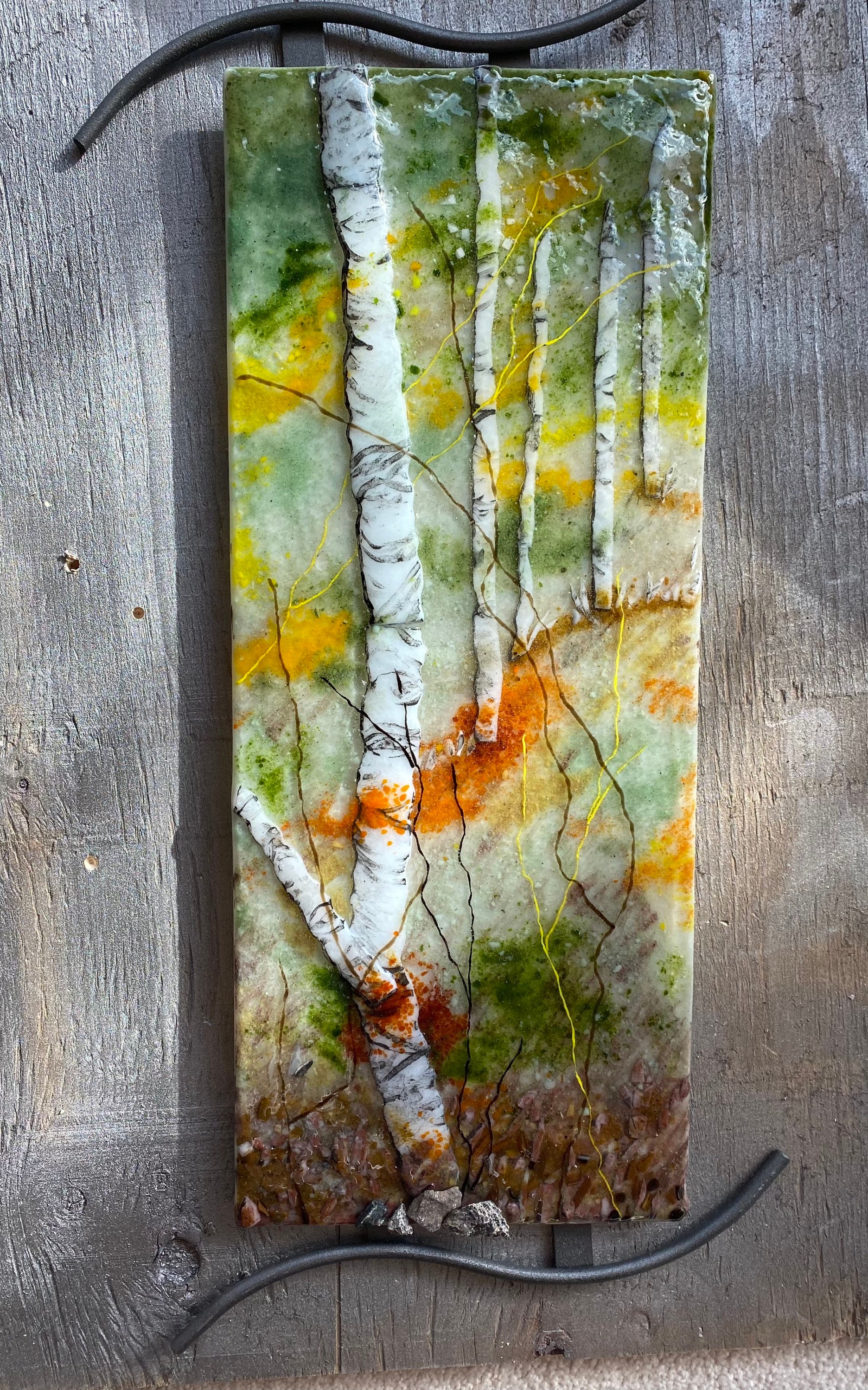 Fused Glass Panel, Metal Frame, Mixed Media, Trees, Housewarming, Real ...