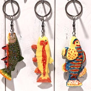 Hand Carved Artisan Fish Keychain – Wooden Fishing Gift, Trout Key Ring ...