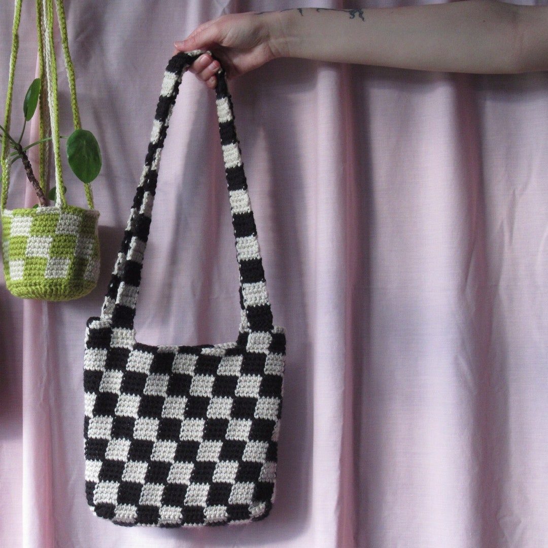 Handmade Black and Cream Crochet Checkered / Checkerboard Shoulder Bag ...