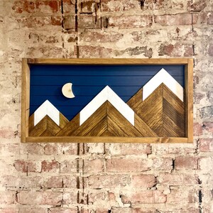 Rustic Navy Background W/ Moon - Rustic Mountain Wood Wall Art-wall ...