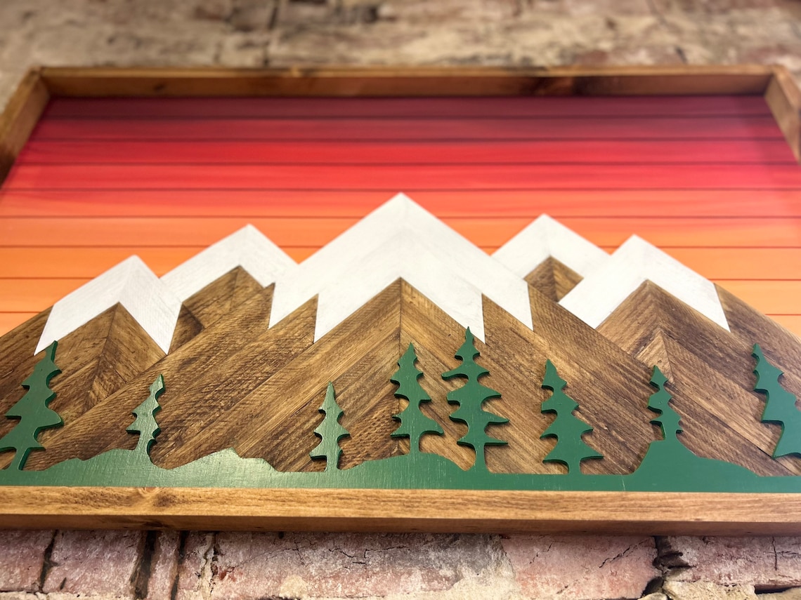 Rustic Sunset With Trees Rustic Mountain Wood Wall Art-wall - Etsy