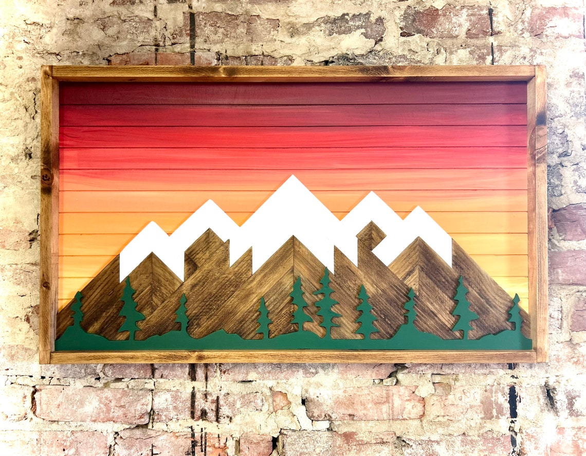 Rustic Sunset With Trees Rustic Mountain Wood Wall Art-wall - Etsy