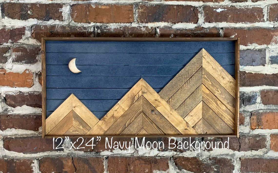 Rustic Navy Background w/ Moon Rustic Mountain Wood Wall | Etsy