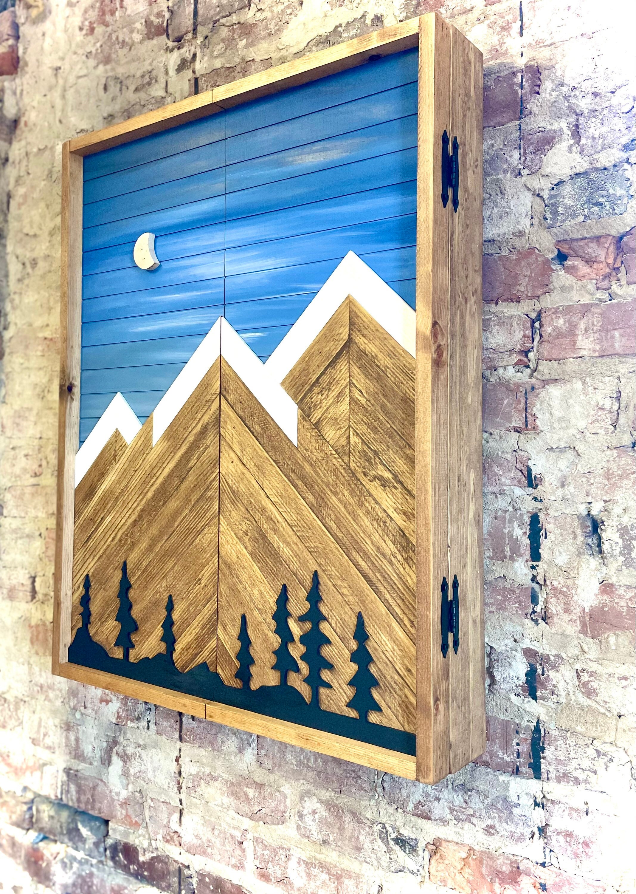 Rustic Mountain Cabinet Blue Sky W/ Trees Mountain Art - Etsy