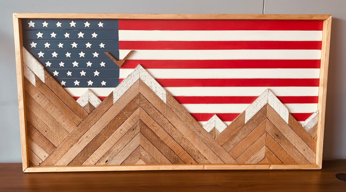 Rustic American Flag Mountain Wood Wall Art Wall Decor - Etsy
