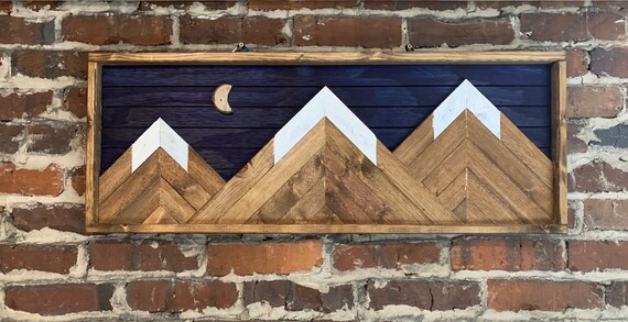 Rustic Navy Background w/ Moon Rustic Mountain Wood Wall | Etsy