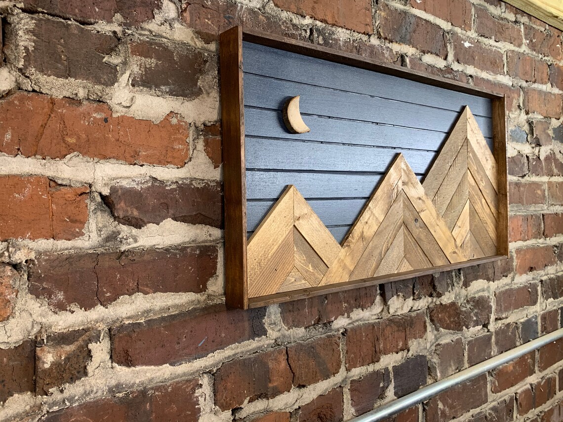 Rustic Navy Background w/ Moon Rustic Mountain Wood Wall | Etsy
