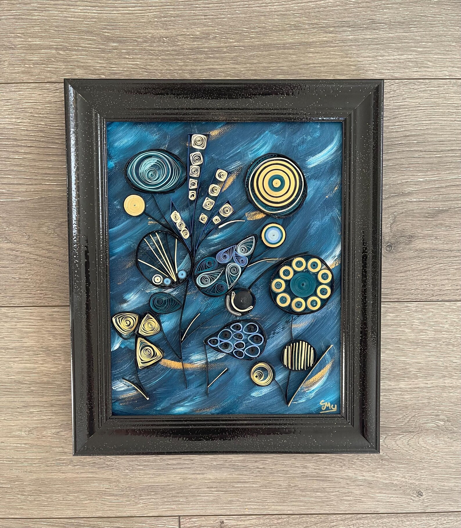 Quilled Abstract Art. Quilled Shades of Blue and Gold Lined Paper on ...