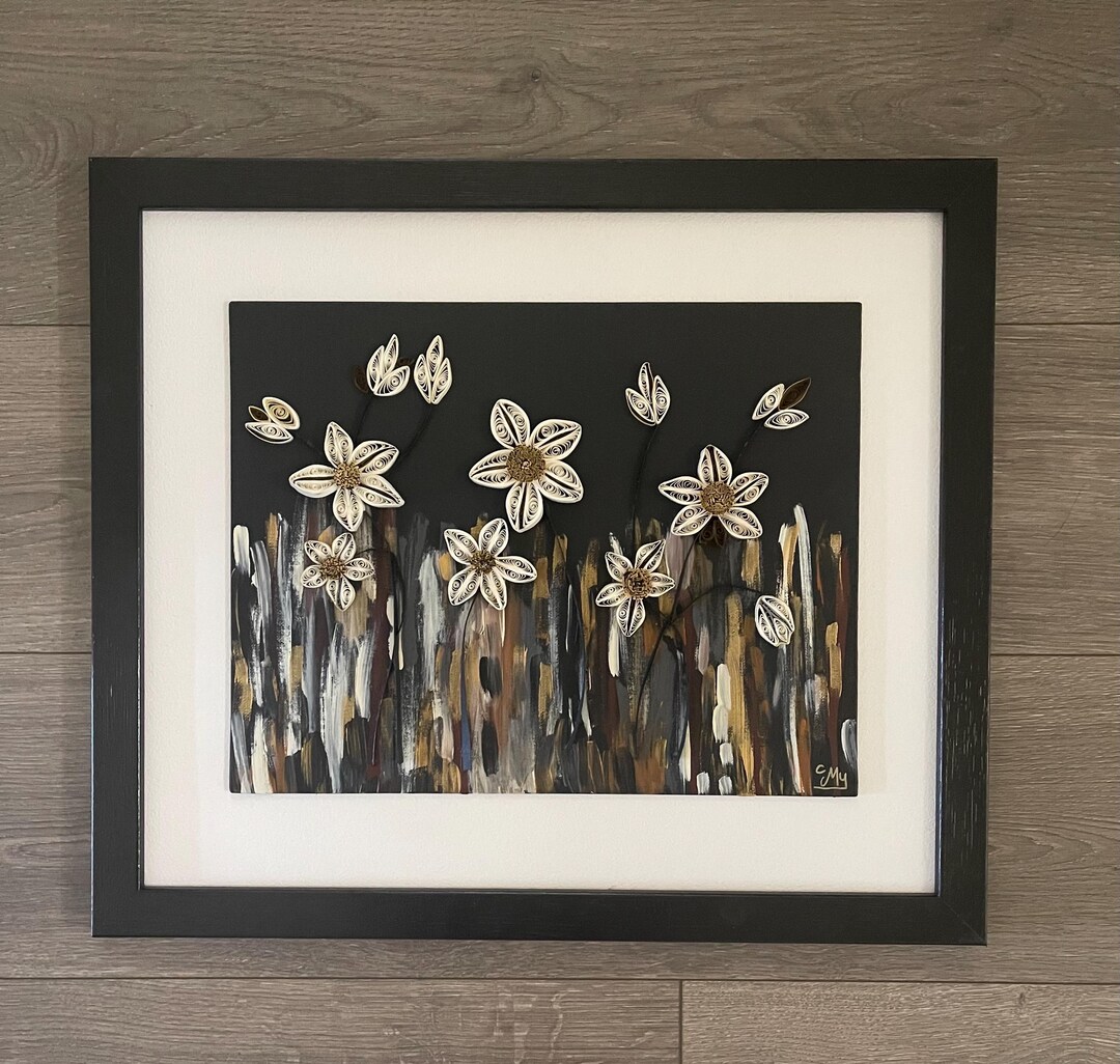 Quilled Cream Flowers on Black Canvas With Neutral Painted Tones ...