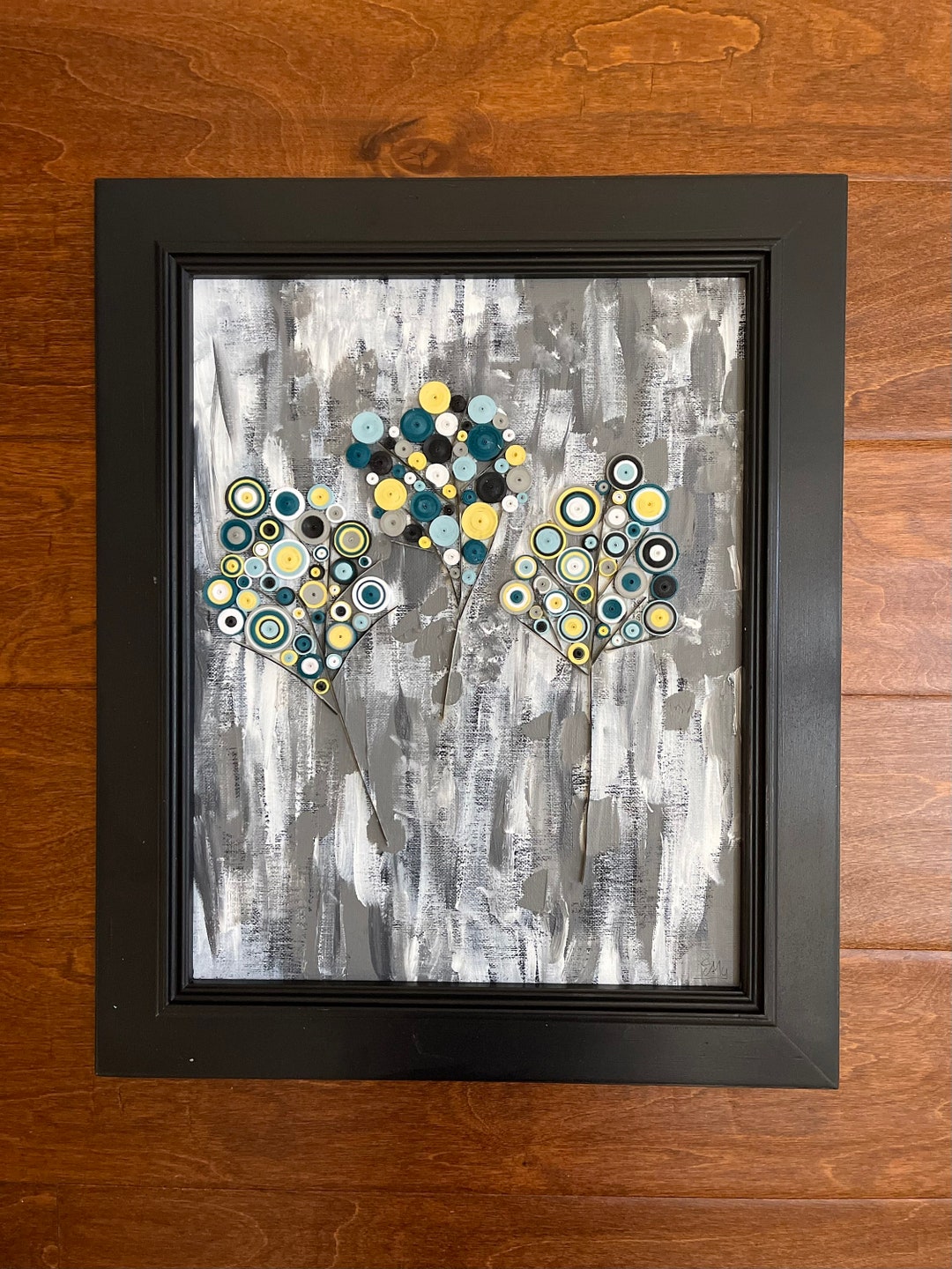 Quilled Trees in Turquoise, Yellow, White Black and Light Blue. Circle ...