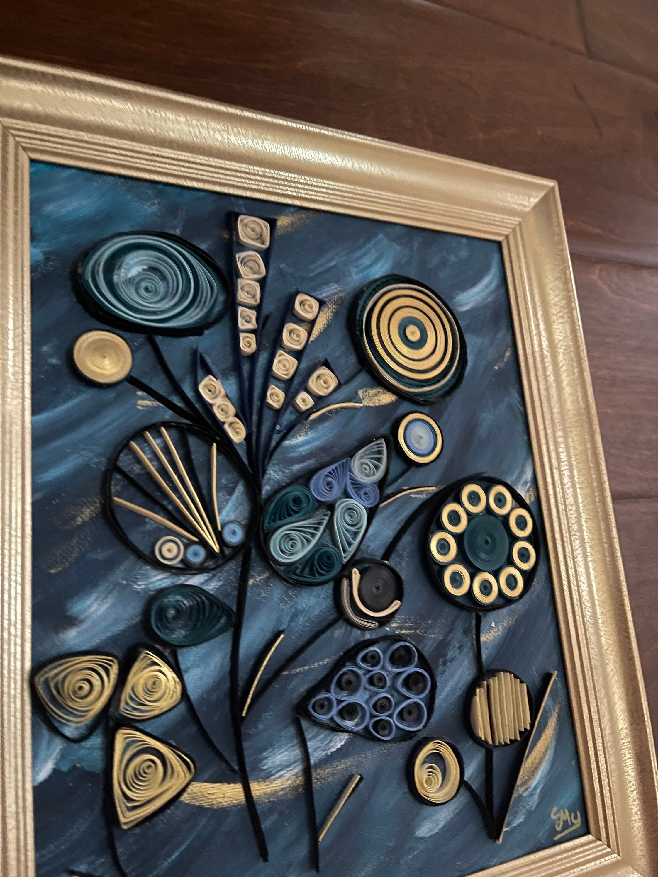 Quilled Abstract Art. Quilled Shades of Blue and Gold Lined Paper on ...