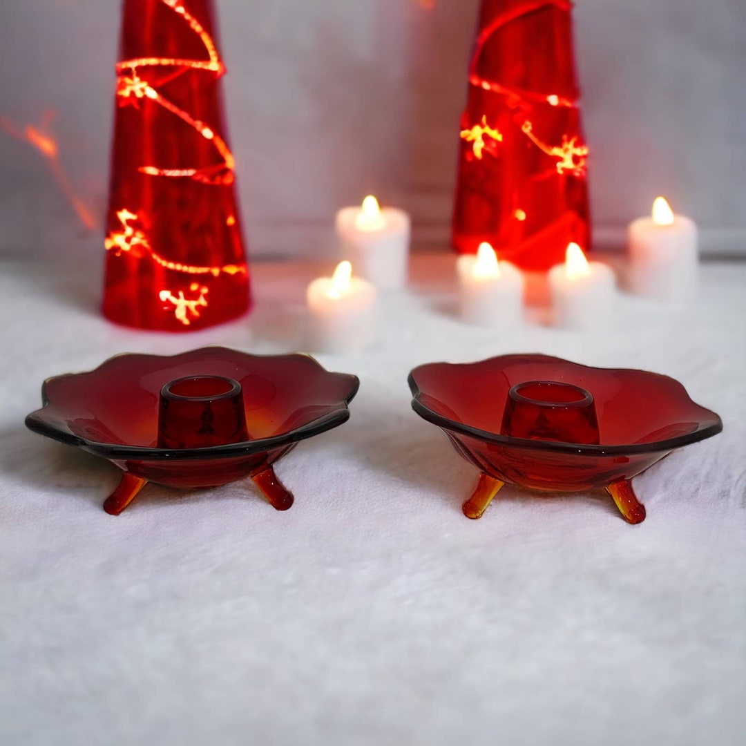 Fenton Glass 848 Ruby Lotus Candlesticks 3-toed 6 Petal 9 Petal Candle ...