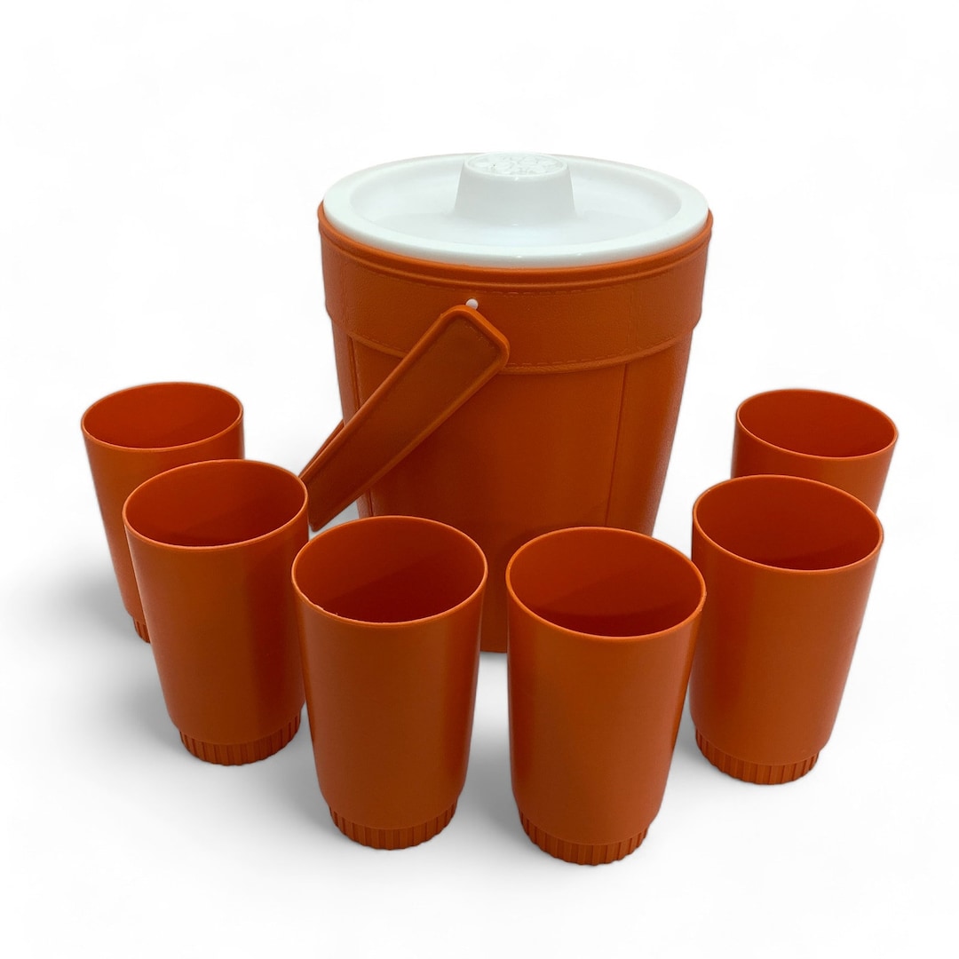 Rubbermaid Party Plan Orange Plastic Ice Bucket Tumbler Cup Set Vintage ...