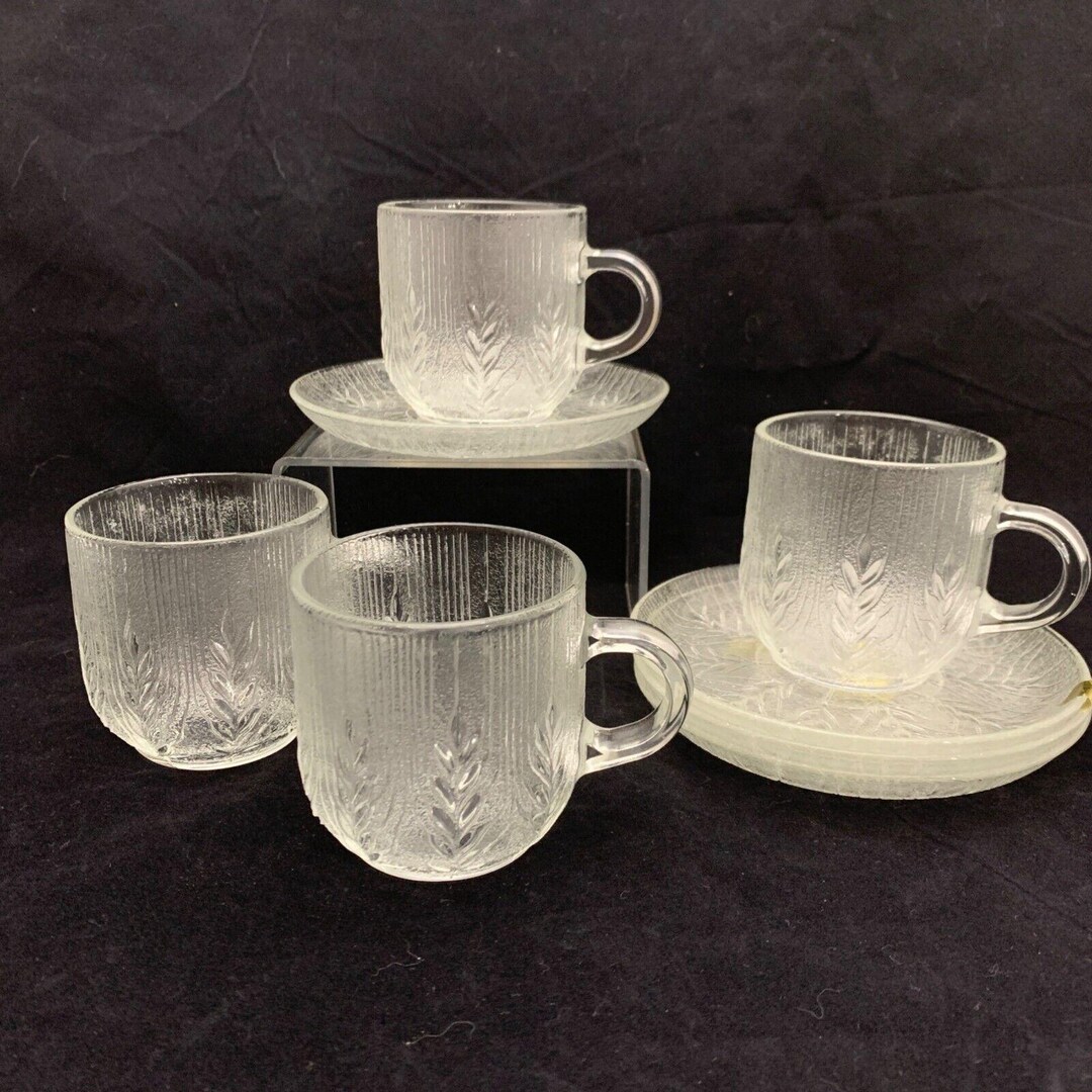 Arcoroc Country Wheat Pattern Clear Glass Cup Saucer Set Coffee Tea X 4 ...