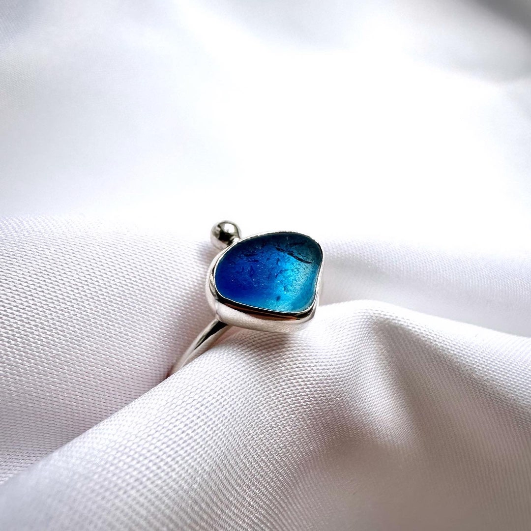Size L 5.5 US Blue Sea Glass Ring Sterling Silver Beach Glass Ring Sea ...