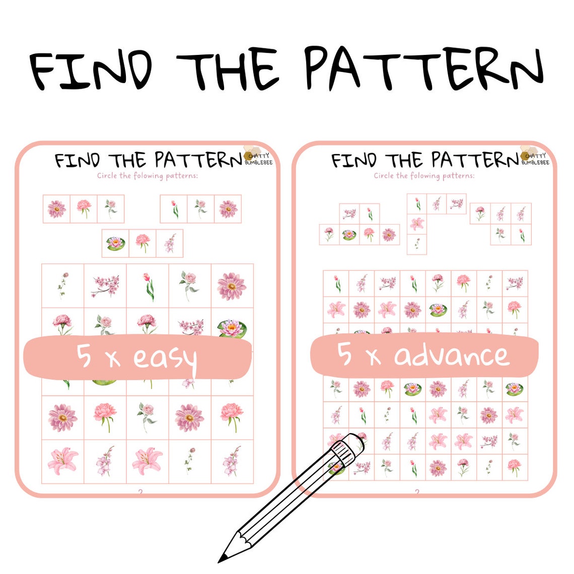 PINK FLOWERS - Visual Attention Worksheets - Etsy