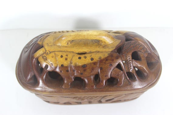 Vintage Carved Wood Box with Lid, Hand Carved African… - Gem