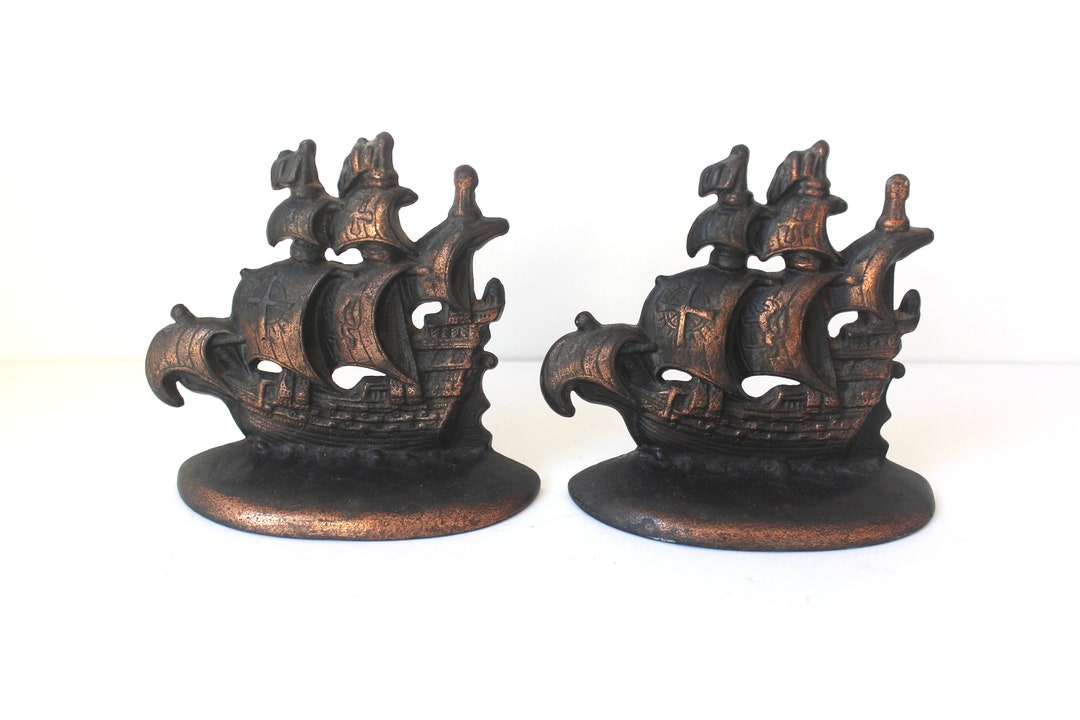 Vintage Cast Bronze Sailing Ship Bookends, Nautical Book Ends, Office ...