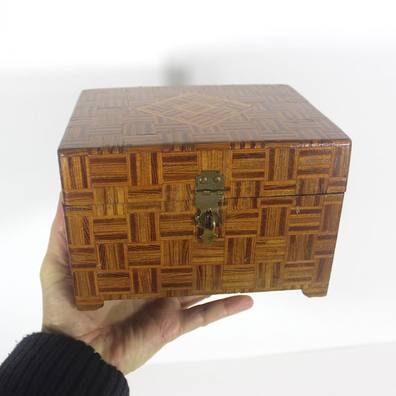 1960’s Parquetry Wood Inlay Box, Hinged Lid Wood Box,… - Gem
