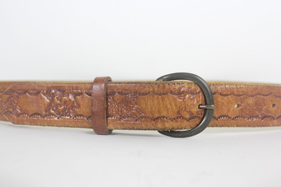 2734 Vintage Brown Tooled Leather Western Belt With Brass Buckle - Etsy