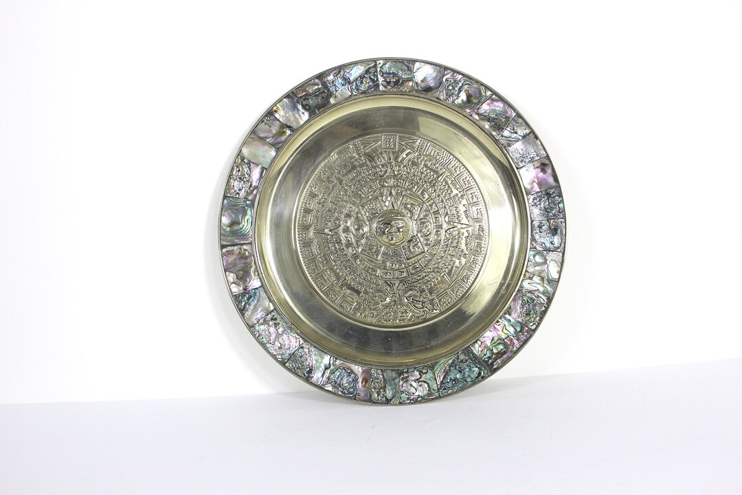 Vintage Alpaca Silver and Abalone Shell Wall Plate With Mayan Calendar ...