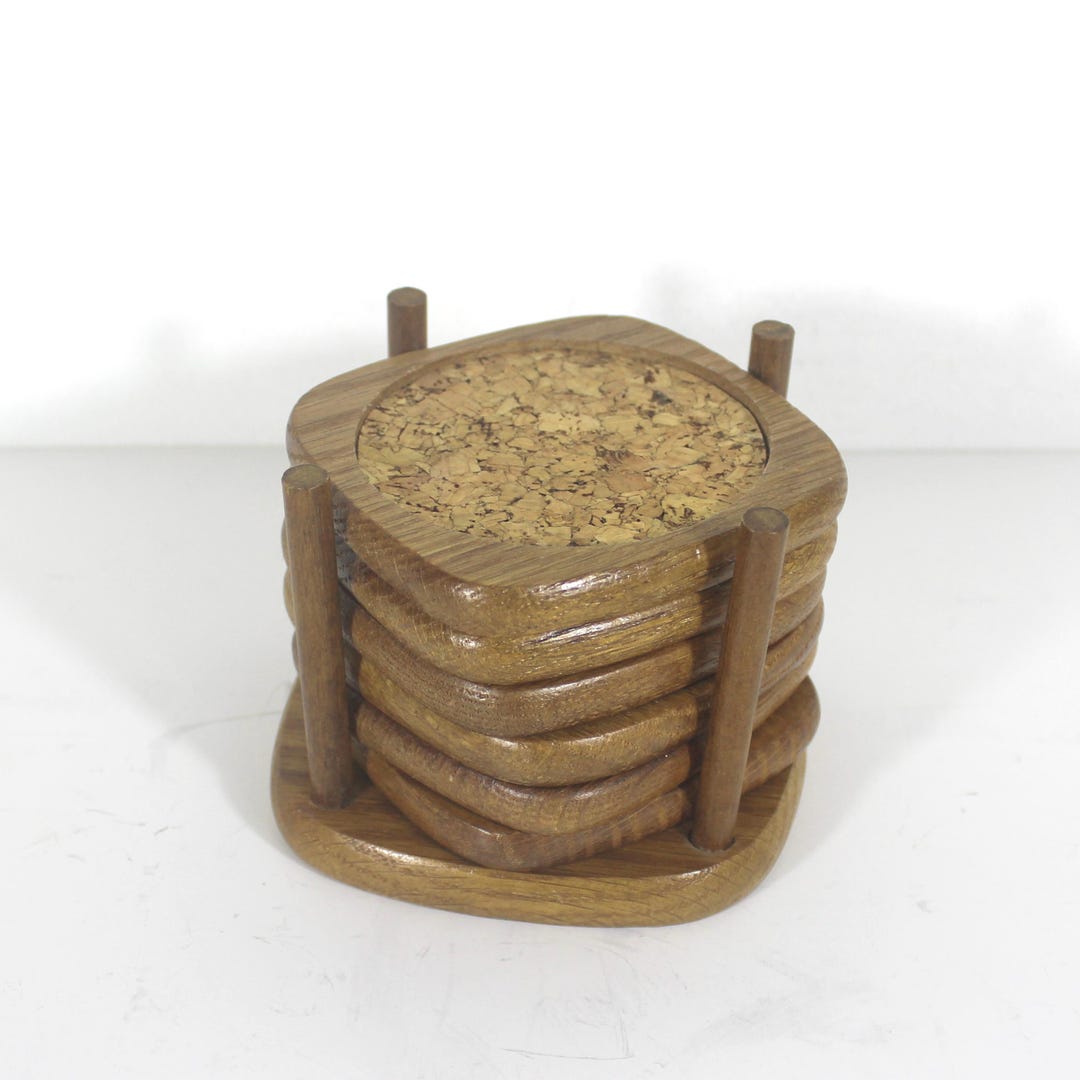 Vintage 70s Oak Wood and Cork Coaster Set in Stand in Original Box Set ...