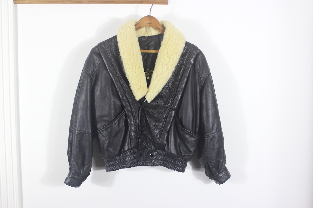 1980’s Italian Vintage Black Leather Bomber Jacket With Shearling ...