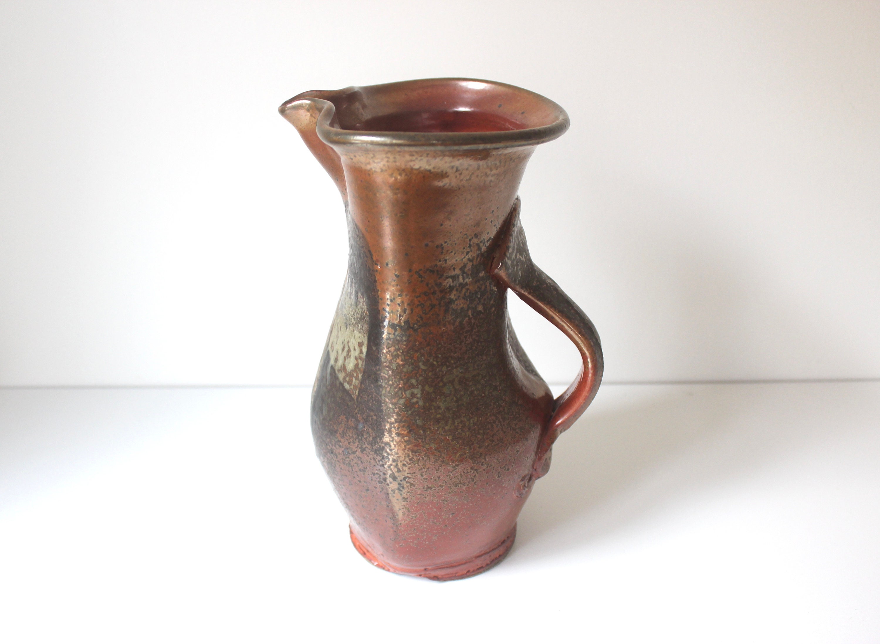 Vintage Handmade Pottery Pitcher, Jug With Handles, Raku, Japanese ...