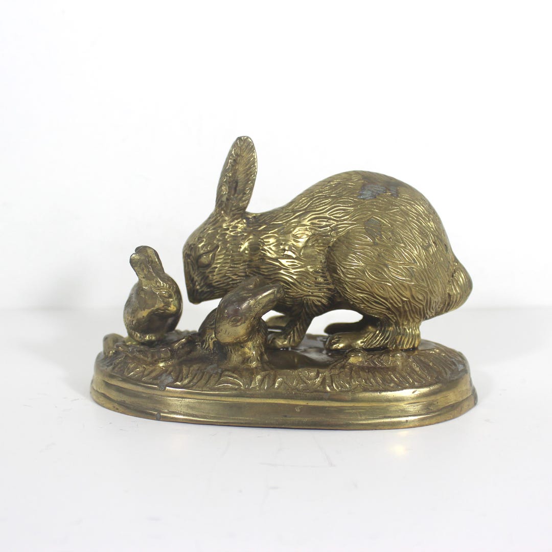 Vintage Brass Rabbit Mother Babies Bunny Brass Paperweight Office Decor Book Shelf Styling Girls ...