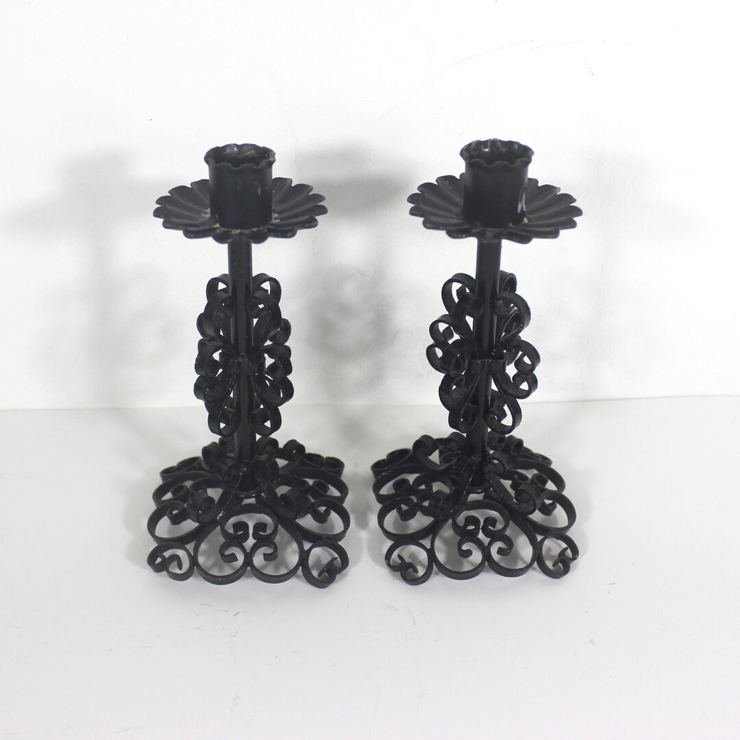 Pair of Spanish Revival Black Metal Vintage Candleholders Spain, Ornate ...