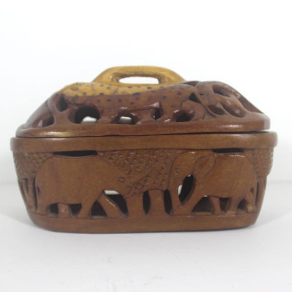 Vintage Carved Wood Box with Lid, Hand Carved African… - Gem