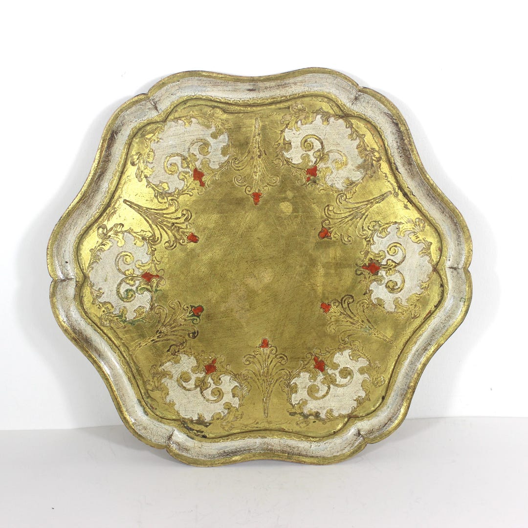 Large Vintage Italian Florentine Wood Tray, Made in Italy White Red and ...